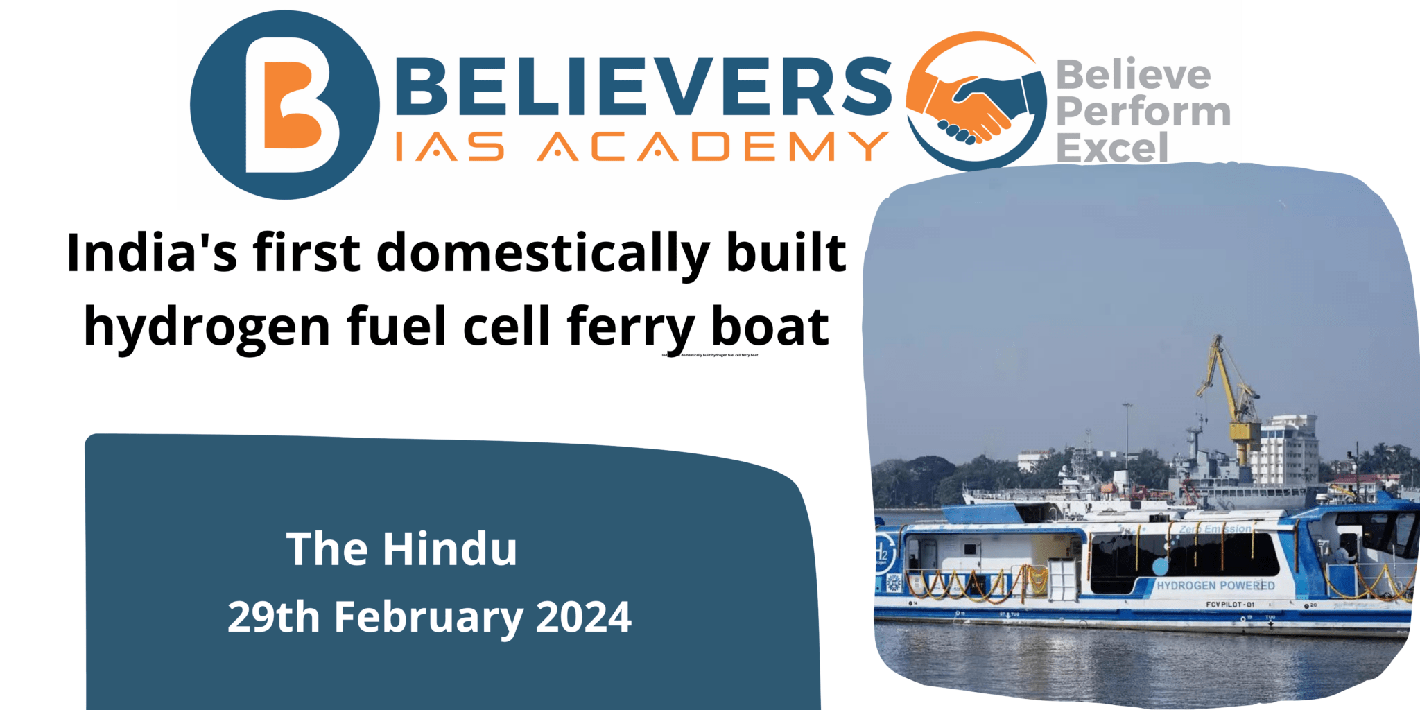India’s first domestically built hydrogen fuel cell ferry boat - Believers IAS Academy